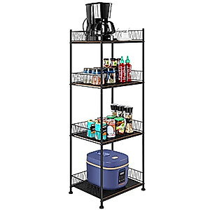smusei 4 Tier Open Shelving Units Freestanding Kitchen Storage Rack Standing Kitchen Rack Organizer Large Capacity with Metal Wire Fence Wood Look Board for Small Spaces, Living Room, Black