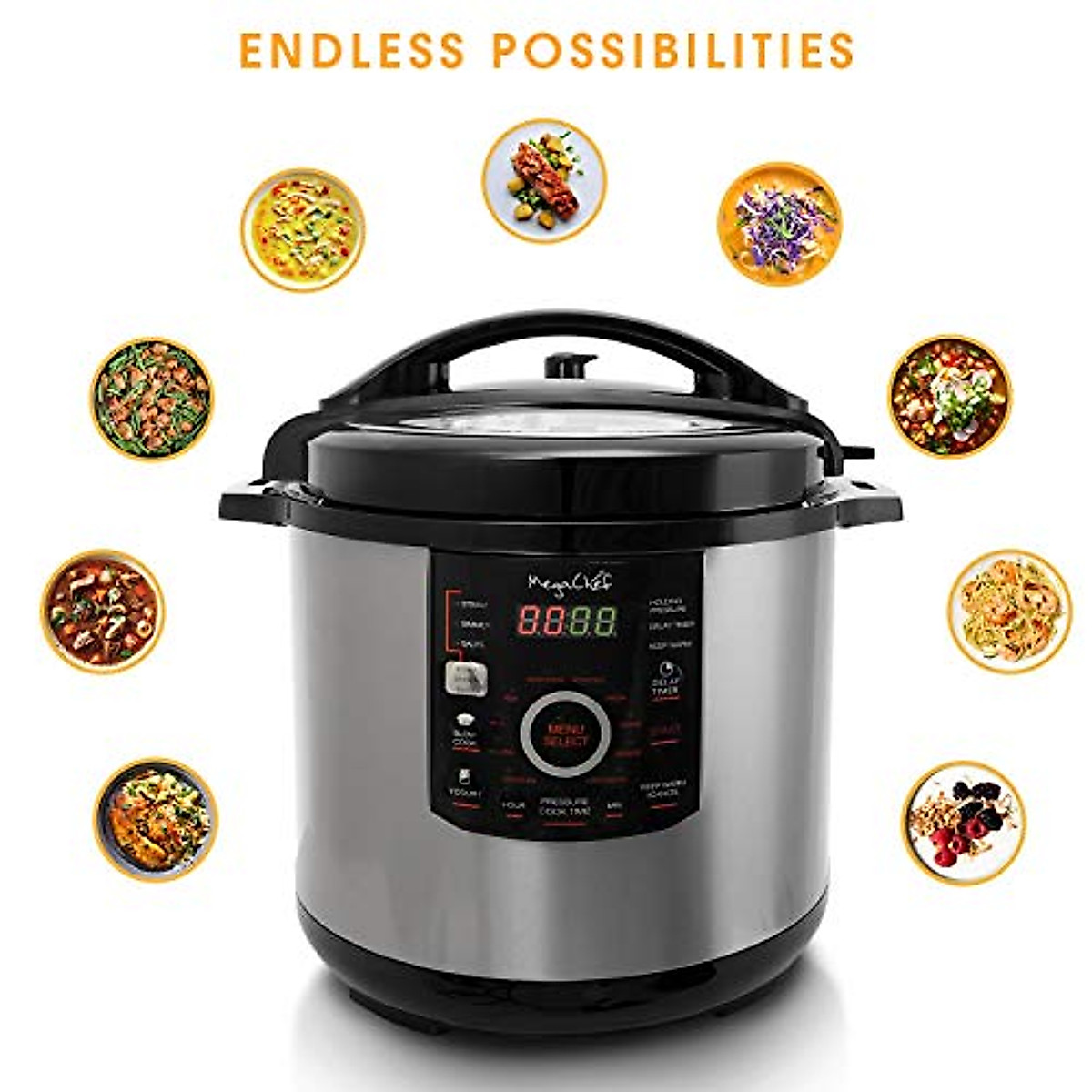 MegaChef 12 Quart Digital Pressure Cooker with 15 Preset Options and Glass Lid, Silver