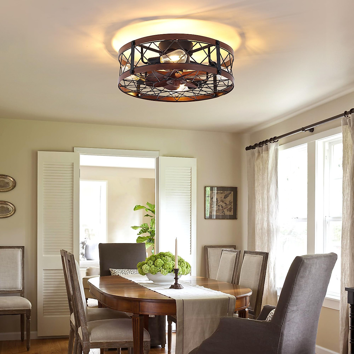 REDSTAR Retro Small Ceiling Fan with Light Remote Control, Ceiling Fans with Lights Flush-Mount, Low-Profile Ceiling Fan with Light, Caged Ceiling Fan with Light (Black)