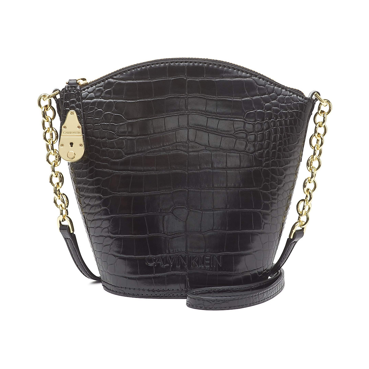 Calvin Klein Statement Series Lock Daytonna Leather North/South Top Zip Crossbody, Black/Gold