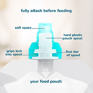ChooMee Replacement Caps for Reusable Food Pouches | Includes SoftSip Silicone Flow Control Pouch Top | 6 White Caps + 1 Aqua SoftSip