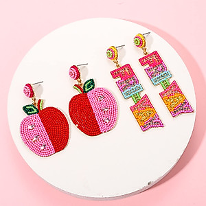 2 Pairs Teacher Earrings for Women, Beaded Fri-Yay Pencil Earrings Drop Dangle Earrings Teacher Appreciation Gifts Teacher Jewelry Gifts (FRI-YAY&Apple)