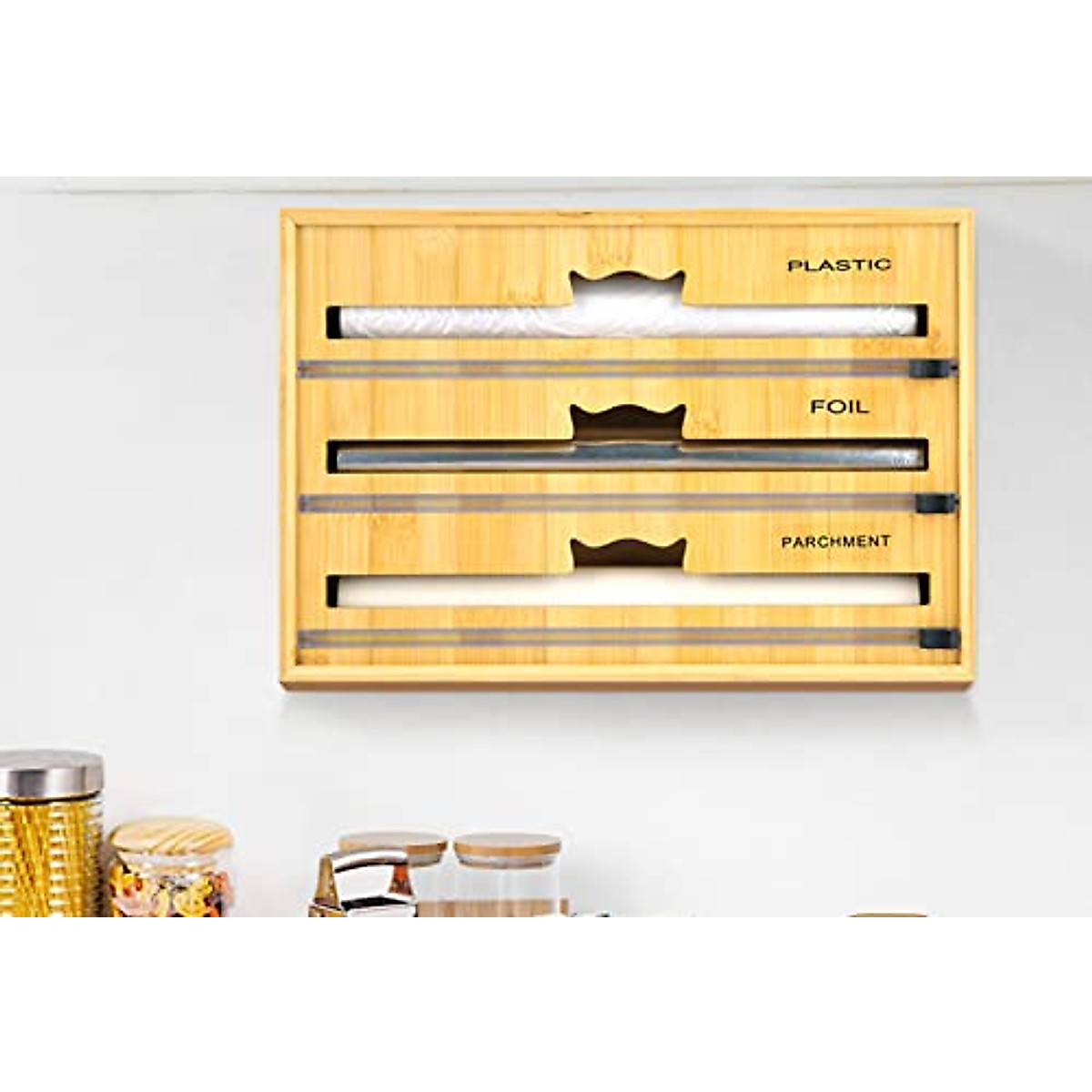 Himimi Foil and Plastic Wrap Organizer with Cutter for Drawer, Aluminum Foil, Saran Wrap,Wax Bamboo Dispenser for Kitchen Organization and Storage Foil and Plastic Wrap for 13" Roll (Natural)