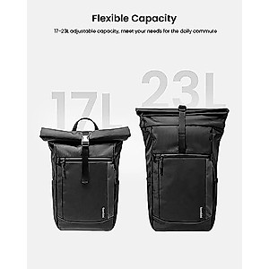 tomtoc Roll Top Laptop Backpack, Lightweight, Water-Resistant Commute Expandable Casual Daypack for 13-16 inch MacBook, Rucksack for Work College Trip, Large Capacity Adjustable 17-23L, Black
