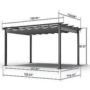 HAPPATIO 10' X 13' Pergola Retractable Pergola Canopy for Backyards, Gardens, Patios, Outdoor Pergola with Sun and Rain-Proof Canopy, Includes Ground Studs and Expansion Screws (Grey)