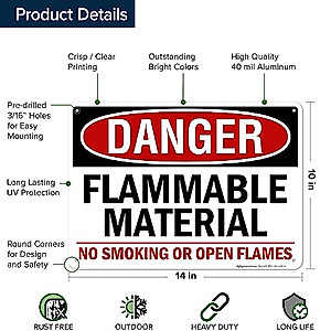 Danger Flammable Material No Smoking Or Open Flames Sign, 10x14 Inches, Rust Free .040 Aluminum, Fade Resistant, Made in USA by My Sign Center