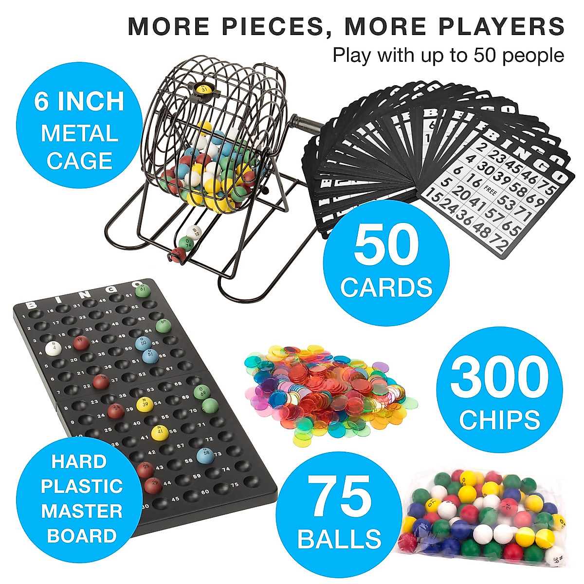 Royal Bingo Supplies Deluxe Bingo Game + Free Expansion Set 50 Premium Cards, 300 Vibrant Chips, 75 Calling Balls, 6” Bingo Cage - Premium Bingo Set for Large Groups and Parties