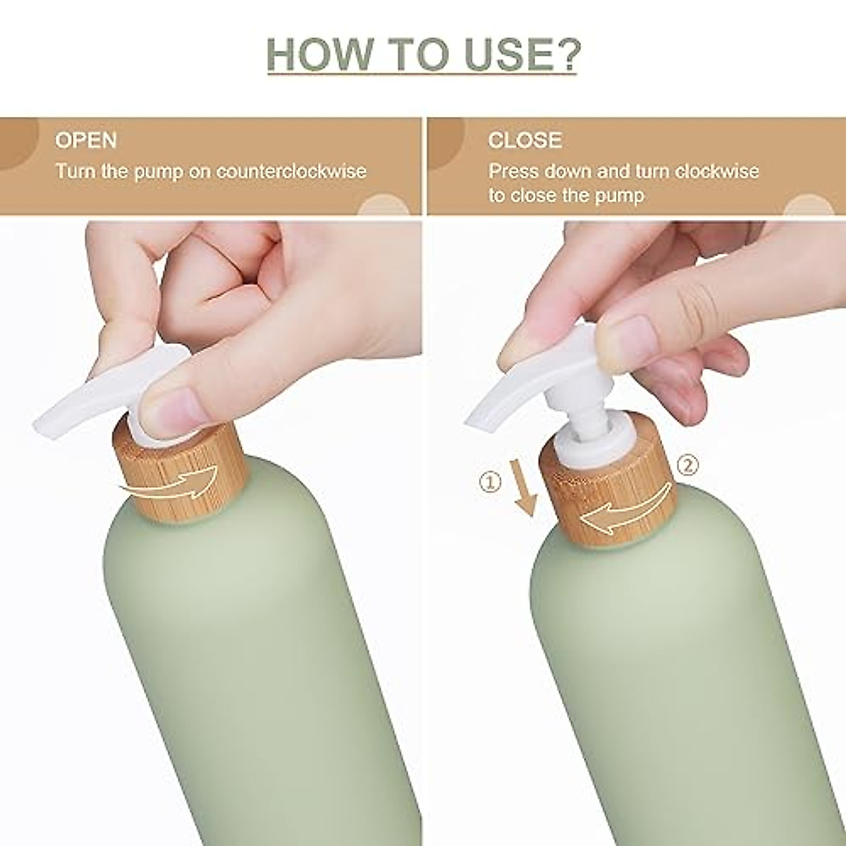UMETASS 16.9 oz Plastic Bamboo Pump Dispenser Bottles, Shampoo and Conditioner Bottles, Refillable Container for Bathroom Shower Body Wash Lotion (16.9 oz, Green)