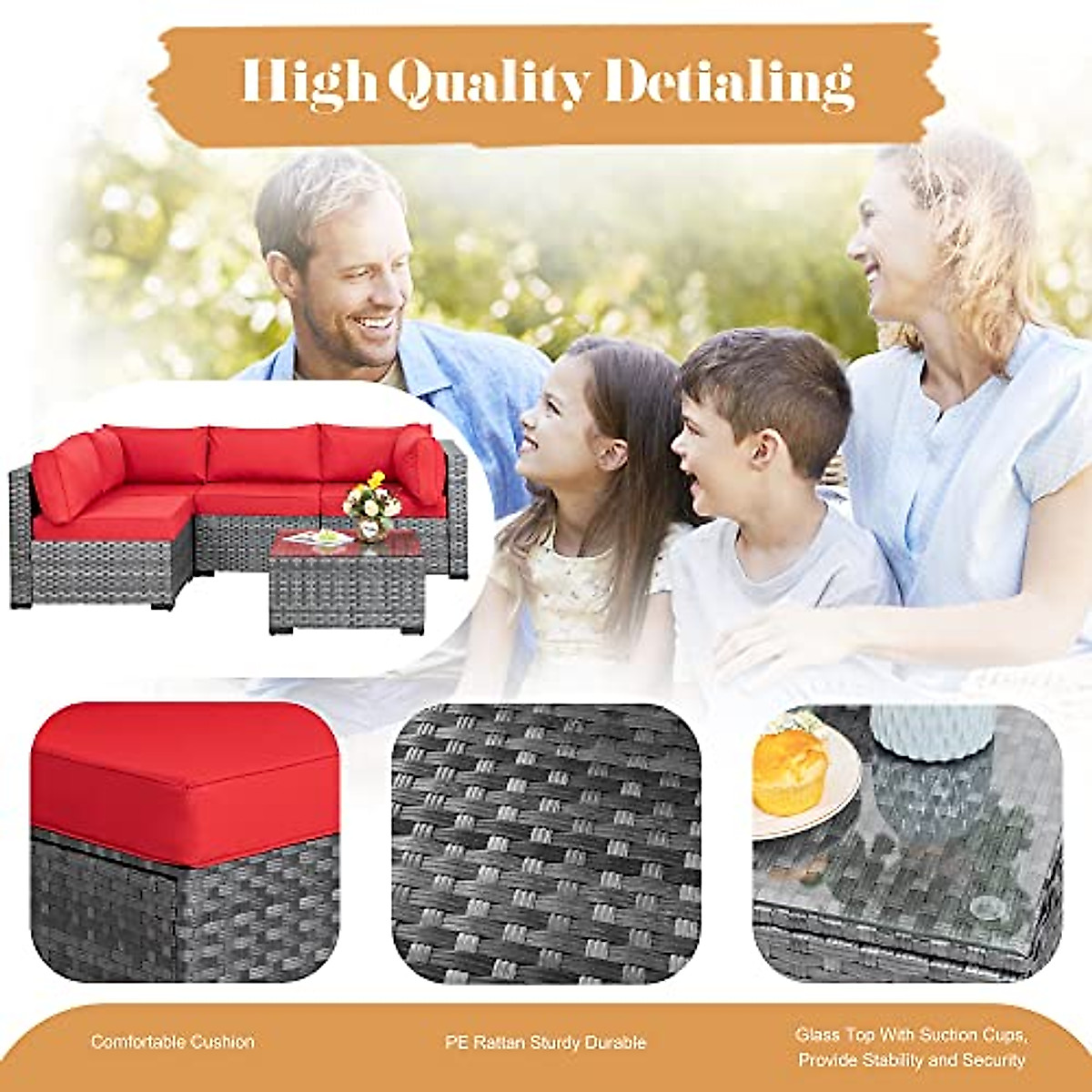 JAMFLY 5 Pieces Patio Furniture Sets, Wicker Outdoor Sectional Furniture with Glass Table and Cushions, Rattan Patio Conversation Sets for Garden, Poolside, Backyard (Red)