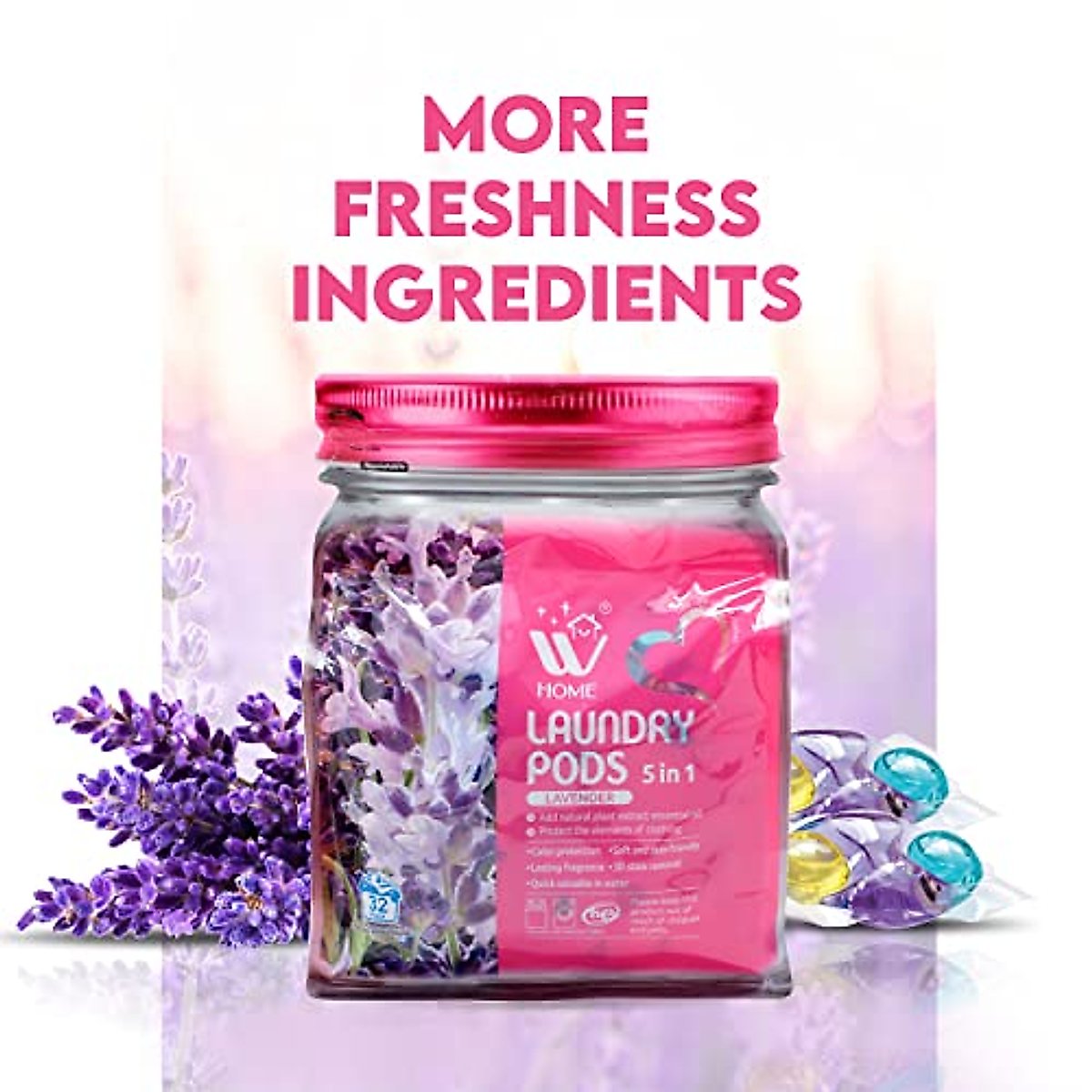 5-in-1 Laundry Pods, 32 Count Bag, High Efficiency (HE), Ultra Concentrate with Powerful Stain Lifter Technology, Fabric Softener With Lavender Extracts, Detergent Pods