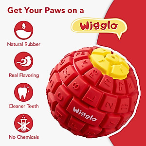 Wigglo Tough Durable Dog Ball Toy for Aggressive Chewers, Natural Rubber Dog Toy for Large/Medium Dogs, 3.5" Diameter Dog Ball Chew Toy, Helps with Dog Separation Anxiety, Dishwasher Safe, Red