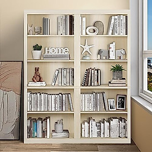 LYNSLIM Wooden Bookcase, 5-Shelf Free Standing Bookcase for Home Office Living Room Open Display Organizer Storage Bookshelf, Oak Finish Decor Furniture (2 PCS Antique White)