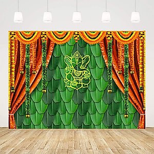 Ticuenicoa 9x6ft India Pooja Traditional Photography Backdrop Banana Leaf Green Chatiya Ganesh Background Puja Ganpati Pooja Mehndi backdrops Decorations Wedding Party Marigold Garlands Photo Props