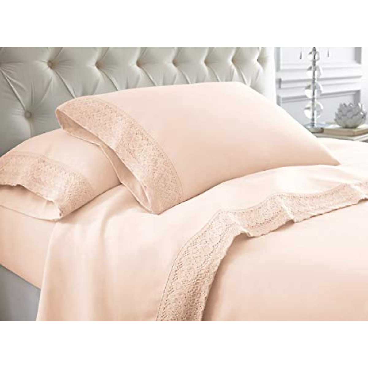 Modern Threads Soft Microfiber Crochet Lace Sheets - Luxurious Microfiber Bed Sheets - Includes Flat Sheet, Fitted Sheet with Deep Pockets, & Pillowcases Blush Full