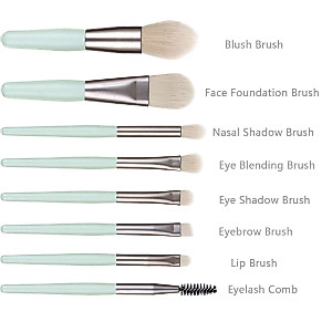 TOHERVIE Makeup Brushes Set with Bag, 8pcs Travel Makeup Brush Kit, Mini Cosmetic Brushes for Face Foundation Blush Eye Shadow, Wooden Handle Synthetic Bristle (Light Green)