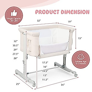 BABY JOY Bassinet Bedside Sleeper, 3 in 1 Folding Crib w/Adjustable Height, Mattress, Lockable Wheels, Storage Pocket & Carry Bag for Infant Newborn, Stationary & Rock, Portable Baby Bassinet (Beige)