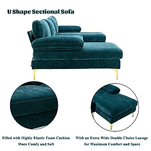 Olela U Shape Sectional Sofa,Modern Large Chenille Fabric Modular Couch,Extra Wide Sofa with Chaise Lounge and Golden Legs for Living Room (Teal)