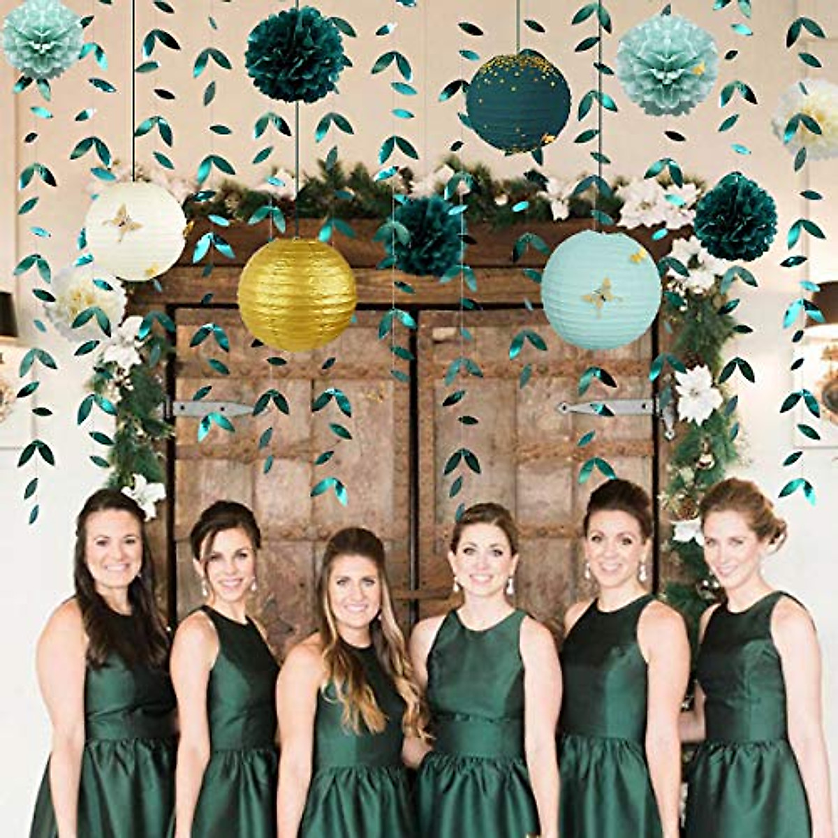 Hunter Green and Gold Hanging Tissue Lantern Flowers Pom Pom with 3D Butterflies Leaf Garland Streamer for Botanical Wedding Bridal Baby Shower Birthday Engagement Bachelorette Party Decorations