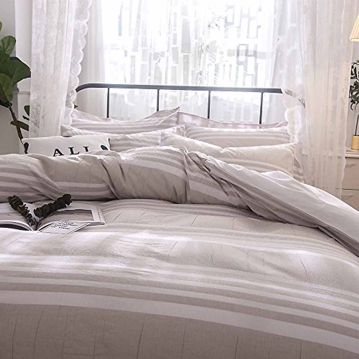Merryfeel Cotton Duvet Cover Set,100% Cotton Seersucker Weave Duvet Cover Set,Yarn Dyed Textured Stripe Bedding Set,3 Pieces- Full/Queen Khaki