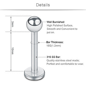 SCERRING 12PCS 16g Stainless Steel 3mm Ball Labret Monroe Lip Tragus Helix Earring Ring 10mm - Mix Color