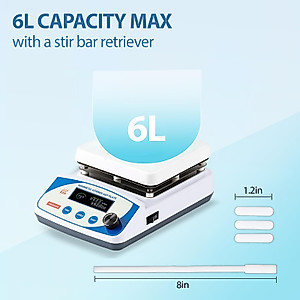 BAOSHISHAN 6.6 Inch Magnetic Stirrer Hot Plate with Timer, 6L Stirring Capacity 300C/572F Hotplate with 3 Stirring Bar, Stir Bar Retriever, Thermal Probe and Support Stand 110V