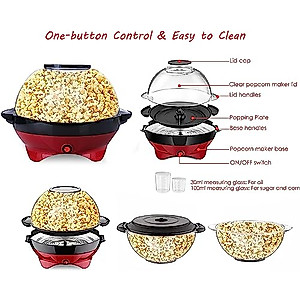 TLGREEN 6 Quart Popcorn Machine, Stir Crazy Popcorn Popper Machine, Electric Hot Oil Popcorn Maker Machine, with Nonstick Plate & Stirring Rod, Large Lid for Serving Bowl and Two Measuring Cups