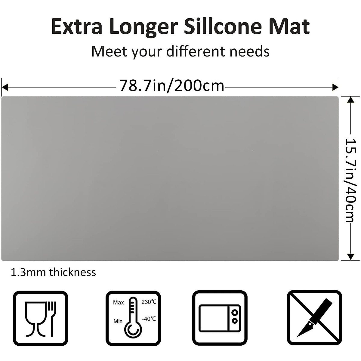 Large Silicone Heat Resistant Mat 78.7” x 15.7”, Nonslip Silicone Mats for Kitchen Counter, Countertop Protector, Nonstick Waterproof Craft Mat Table Placemat, Gray