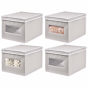 mDesign Large Fabric Stackable Closet Storage Organizer Box, Front Window/Lid for Bedroom, Office, Mudroom Organization, Hold Clothes, Blankets, Linens, Jane Collection, 4 Pack, Light Gray/White