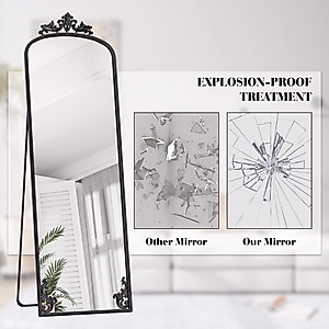 AZODY Arched Mirror Full Length with Stand, 65" x 21" Black Floor Length Mirror with Carved Metal Frame, Full Body Wall Mirror for Home Decor Wedding Entryway Living Room