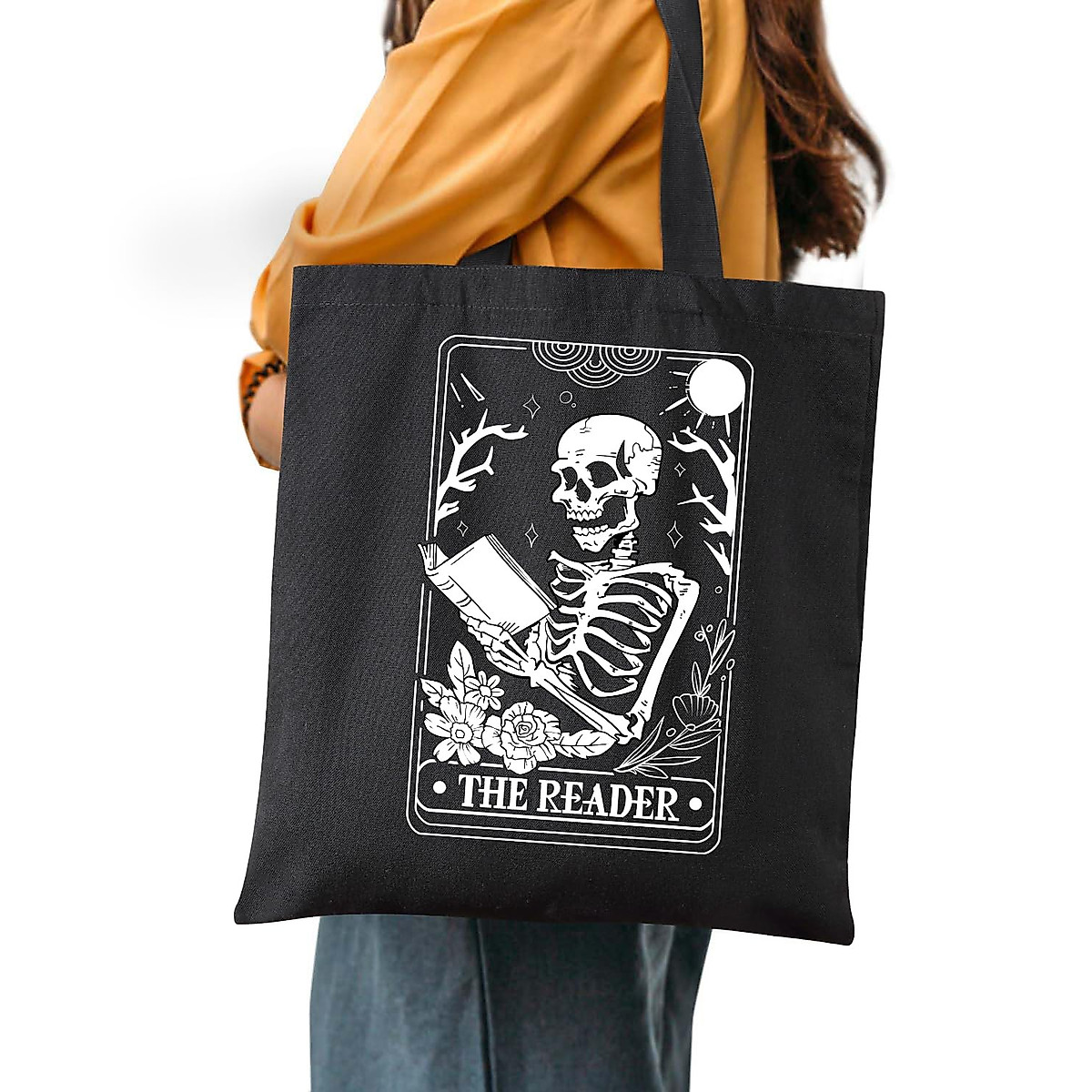 AUSVKAI Canvas Tote Bag Aesthetic for Women, Cute Book&skull Reusable Cloth Cotton Bags for College Shopping Beach Grocery Trendy Gifts