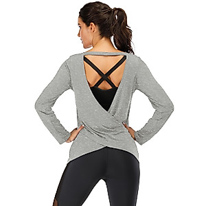 ICTIVE Long Sleeve Workout Shirts for Women Loose Fit Workout Tops for Women Backless Fall Winter Yoga Shirts Athletic Shirts Gym Tops Running Shirts Light Grey M