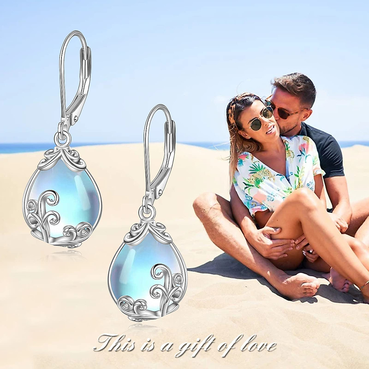 POPLYKE Moonstone Filigree Teardrop Drop Dangle Earrings Sterling Silver Leverback Earrings