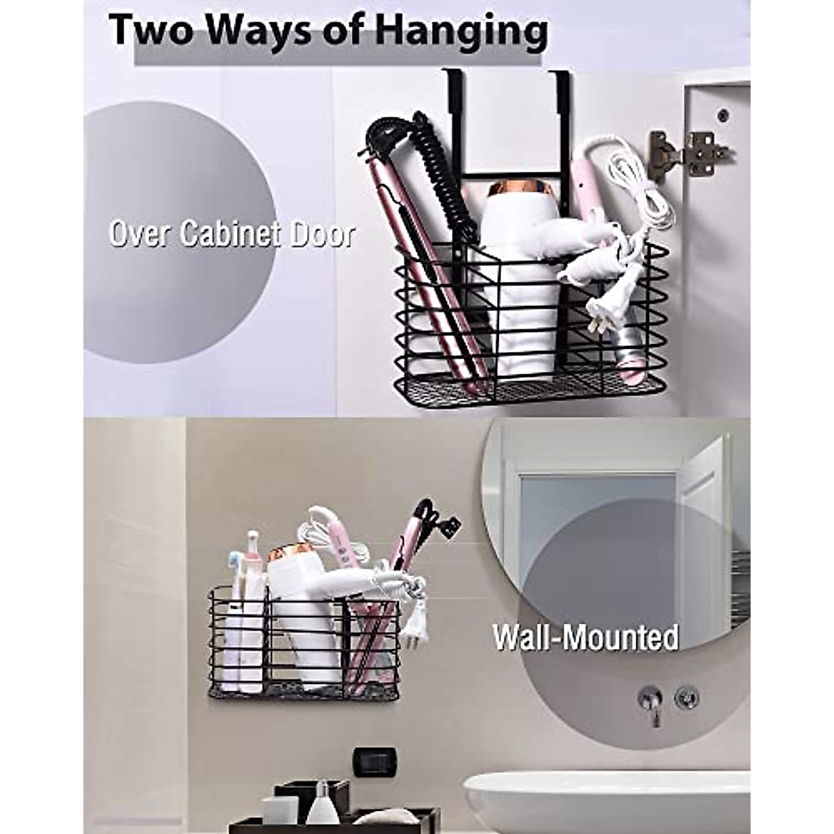 ULG Hair Dryer Holder, Hair Tool Organizer, 6 Adjustable Height, Wall Mounted/Cabinet Door, Bathroom Organizer Under Sink for Hair Dryer, Flat Irons, Curling Wands, Hair Straighteners, 3 Sections