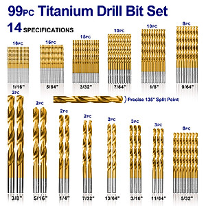 99 Pieces Titanium Twist Drill Bit Set, 135° Tip High Speed Steel, Size from 1/16" up to 3/8", Ideal Drilling in Wood/Cast Iron/Aluminum Alloy/Plastic/Fiberglass, with Hard Storage by HURRICANE