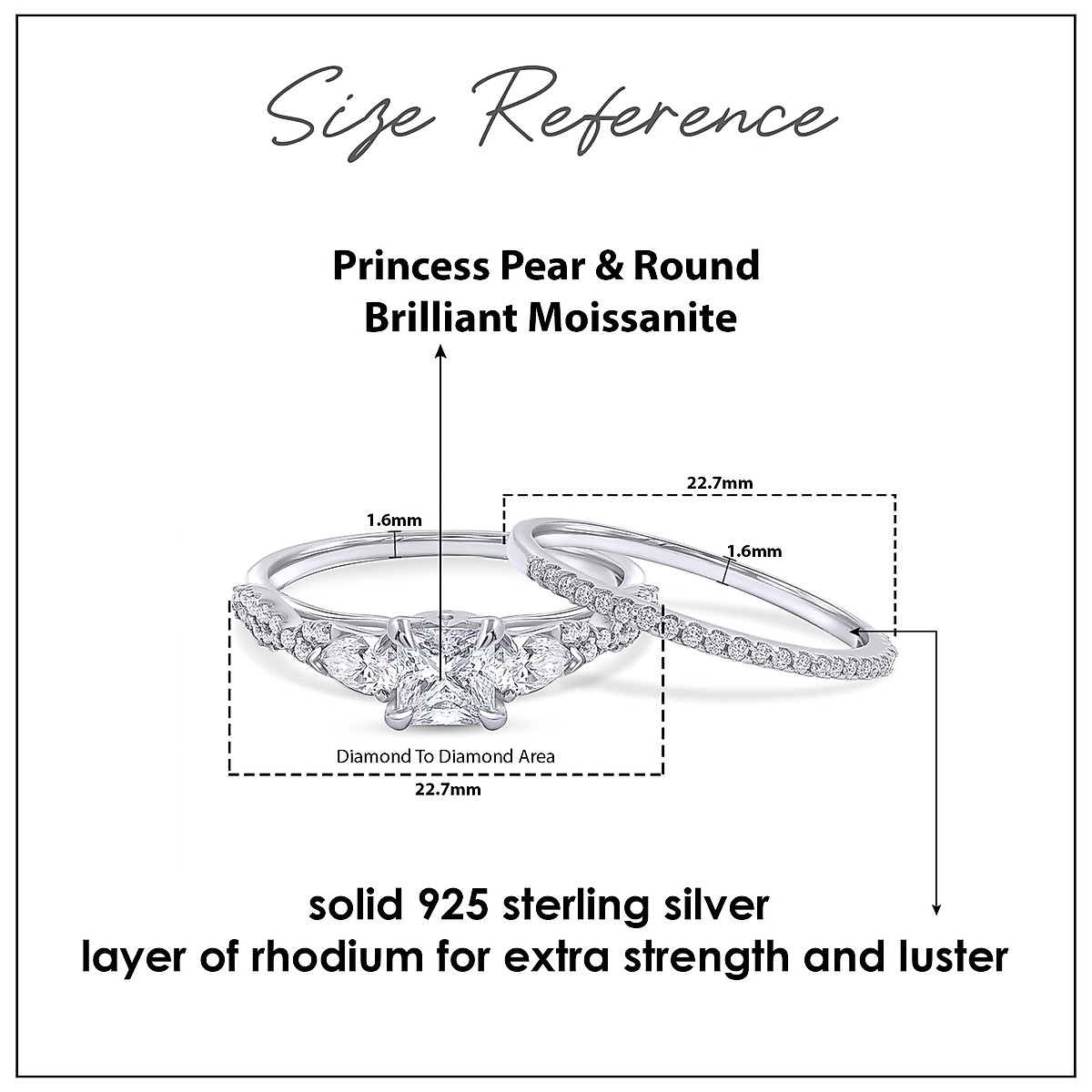 Wishrocks 1 2/5 CT 5MM Princess & Pear Cut Lab Created Moissanite Diamond Infinity 3-Stone Bridal Set Engagement Wedding Bands Rings In 14K White Gold Over Sterling Silver(VVS1 Clarity)-9.5