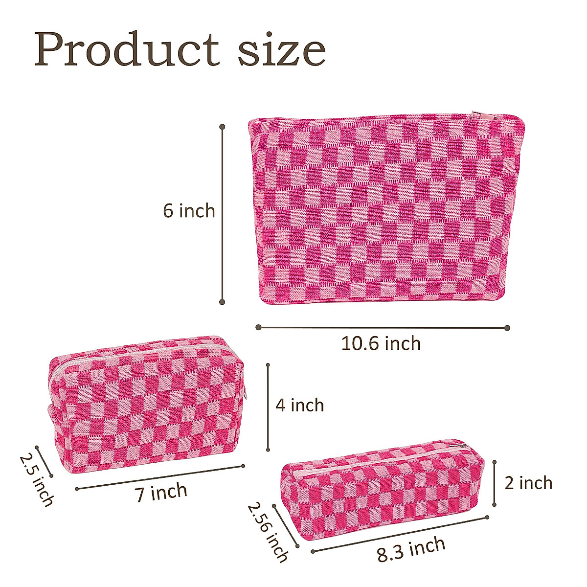 Jeeoy Large Capacity Makeup Bag Set Pink Checkered Makeup Bags 3 Pieces Canvas Travel Makeup Bag Organizer Travel Toiletry Bag Storage Bag for Women