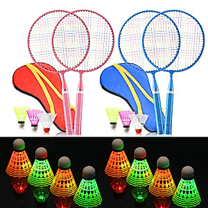 2 Pairs Badminton Rackets Set for Children Kid Shuttlecocks Sports Nylon Alloy Badminton Racquet Set with 8 LED Badminton Birdies, 6 Non Luminous Badminton Birdies and 2 Carrying Bags,Night Pink Blue
