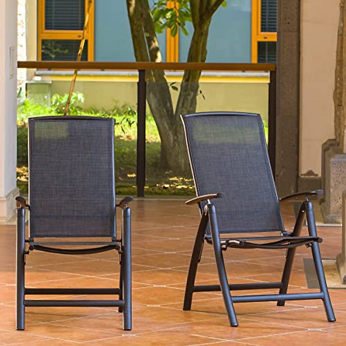 Domi Folding Patio Chairs Set of 2, Aluminium Frame Reclining Sling Lawn Chairs with Adjustable High Backrest, Patio Dining Chairs for Outdoor, Camping,Porch,Balcony(Textilene Fabric)