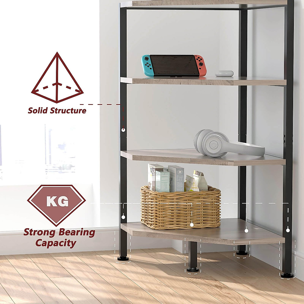 JOOLESER Corner Shelf - 4-Tier Corner Bookshelf with Metal Frame - Small Corner Shelves - Wood Corner Display Shelf for Living Room, Bedroom (Grey)