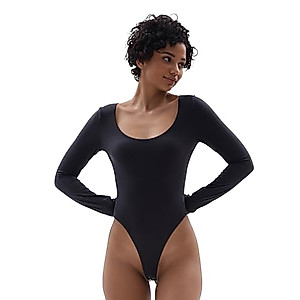 SHAPERX Women's Long Sleeve Scoop Neck Bodysuit Fits Everybody Soft Body Suits Tops, SZ5260-Black-M