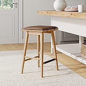 Nathan James Barker Classic Counter Height Wood Barstool with Leather Removable Cushion, Backless Island 24" Bar Stool for Kitchen, Chestnut Brown
