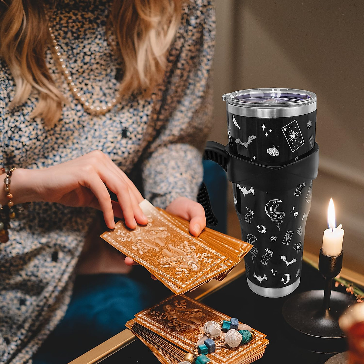 Goth Black 40 Oz Tumbler with Handle and Straw, Large Big Stainless Steel Vacuum Insulated Tumbler Iced Coffee Cup Water Bottle Travel Mug, Witchy Gothic Gifts Decor Accessories Stuff, Halloween Gifts