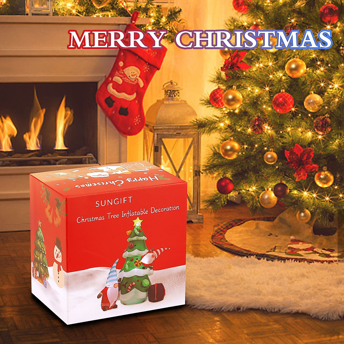 SUNGIFT Christmas Inflatable Tree, 7 FT Giant Lighted Christmas Blow Up Santa Claus with Gift Box for Indoor Outdoor Yard Garden Xmas Inflatables Party Decorations