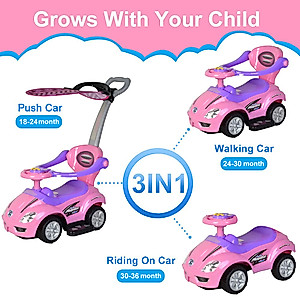 ChromeWheels Push Cars for Toddlers, 3 in 1 Ride on Push Car with Removable Canopy, Ride on Toys Mega Car w/Handle & Horn & Music, Pink