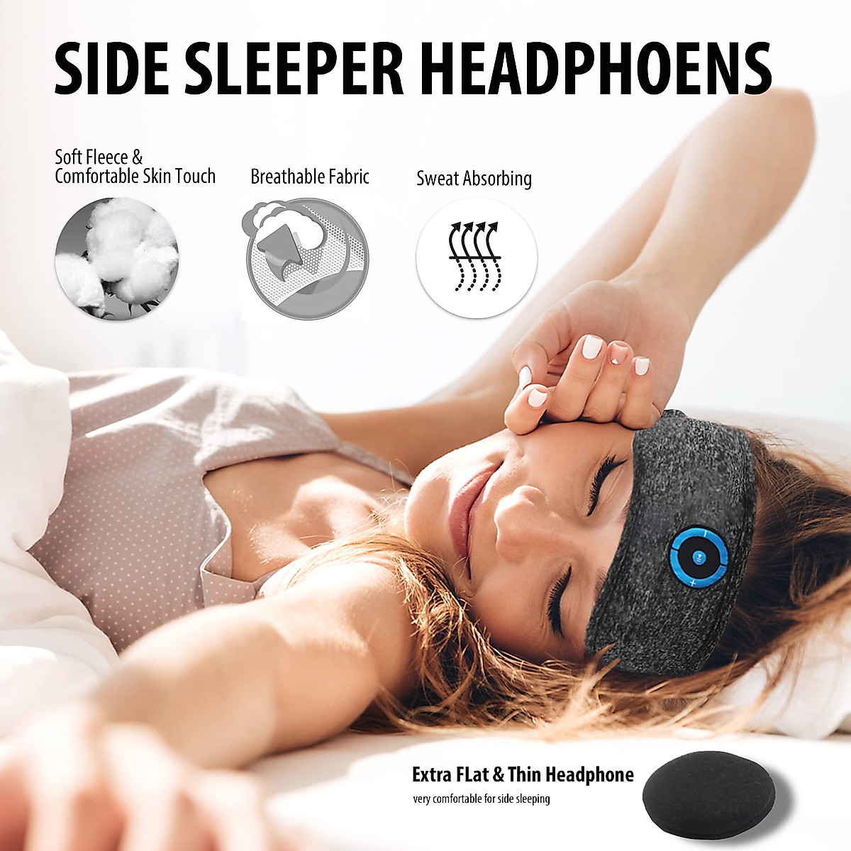 DETMOL Wireless Sleeping Bedtime Headband -Build-in Ultra Thin Plat Speakers with HD Stereo Friendly for Side Sleeper,Running, Jogging,Workout,Gift for Men,Women (Medium)