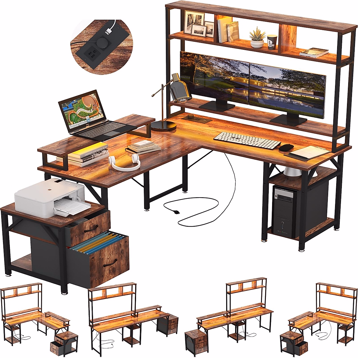 SZXKT L Shaped Desk with Drawers,Corner Desk with Storage,Gaming Desk with Power Outlet,L Desks for Home Office with Monitor Stand and LED Lights, Desk with Shelves and Bookshelf,Rustic Brown