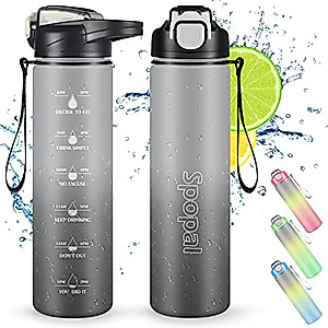 Spopal Motivational Water Bottle, [Leakproof] 32 Oz Plastic Water Bottle with Straw, [BPA Free] Reusable Sports Water Bottle, Ideal Gift for Gym,Fitness,Hiking, Travel,Outdoor Sports (Black)