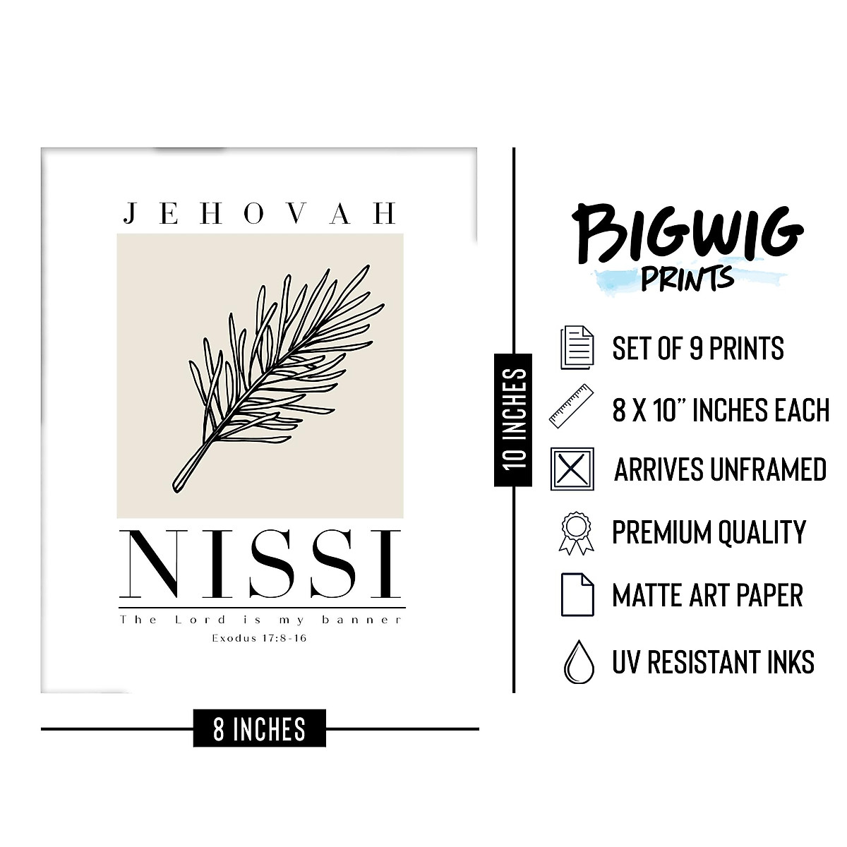 BigWig Prints Christian Wall Art - Scripture Wall Art, Christian Decorations, Jesus Artwork, Religious Home Decor, Scripture Pictures, Faith Inspired Minimalist Prints - Unframed Set of 9 (8x10”)