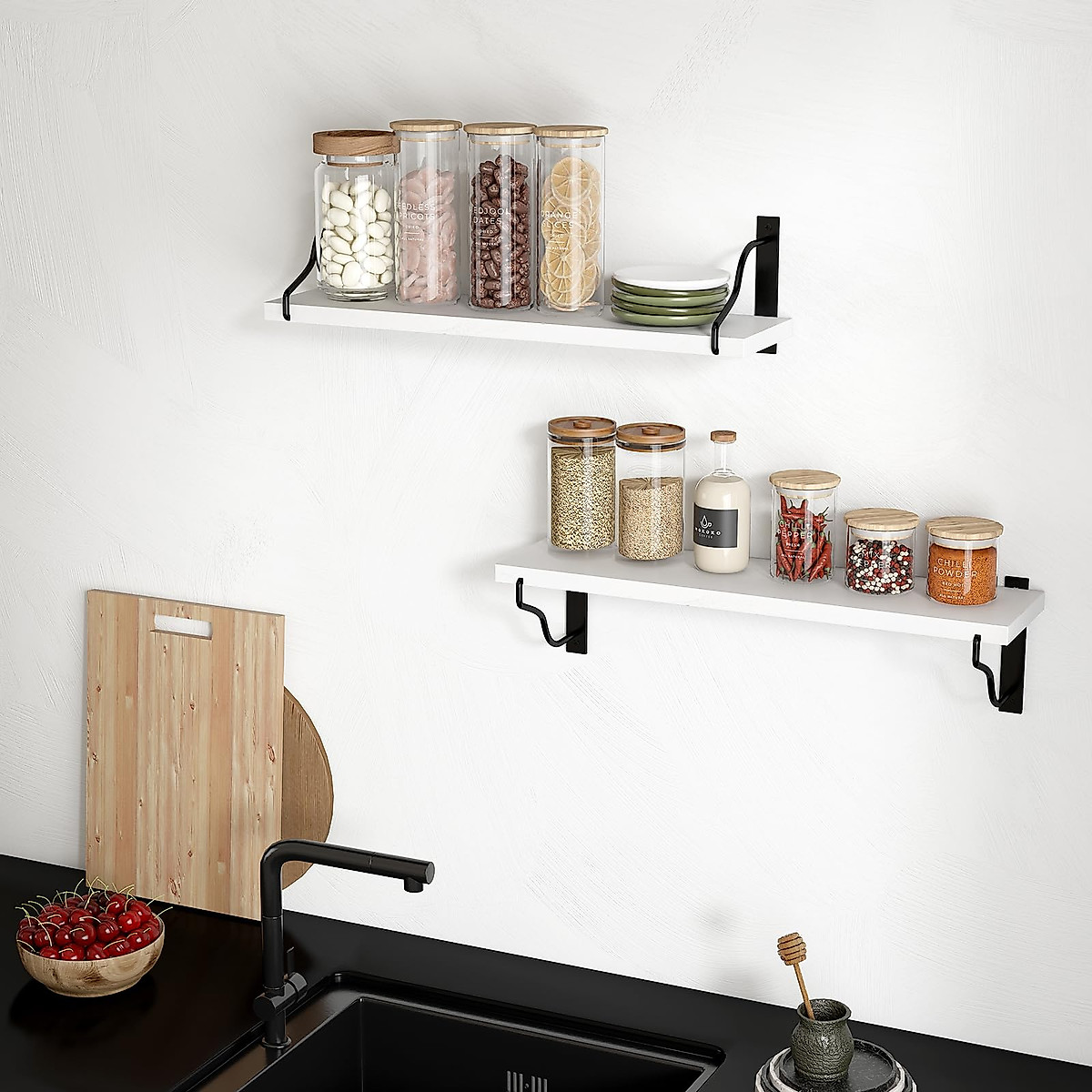 Inforth Wall Shelves, Wood Wall Mounted Shelves for Wall Storage, Floating Shelves for Wall Display with Metal Bracket, Hanging Shelves for Bedroom Kitchen Living Room (White, 17 Inches)