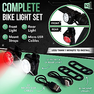 Square1 Bicycle Lights Front and Rear Rechargeable - Bright 300 Lumen Bike Lights for Night Riding - Durable, Waterproof & Multi-Use - Perfect Bike Head Light & Tail Light Set for Night Riding